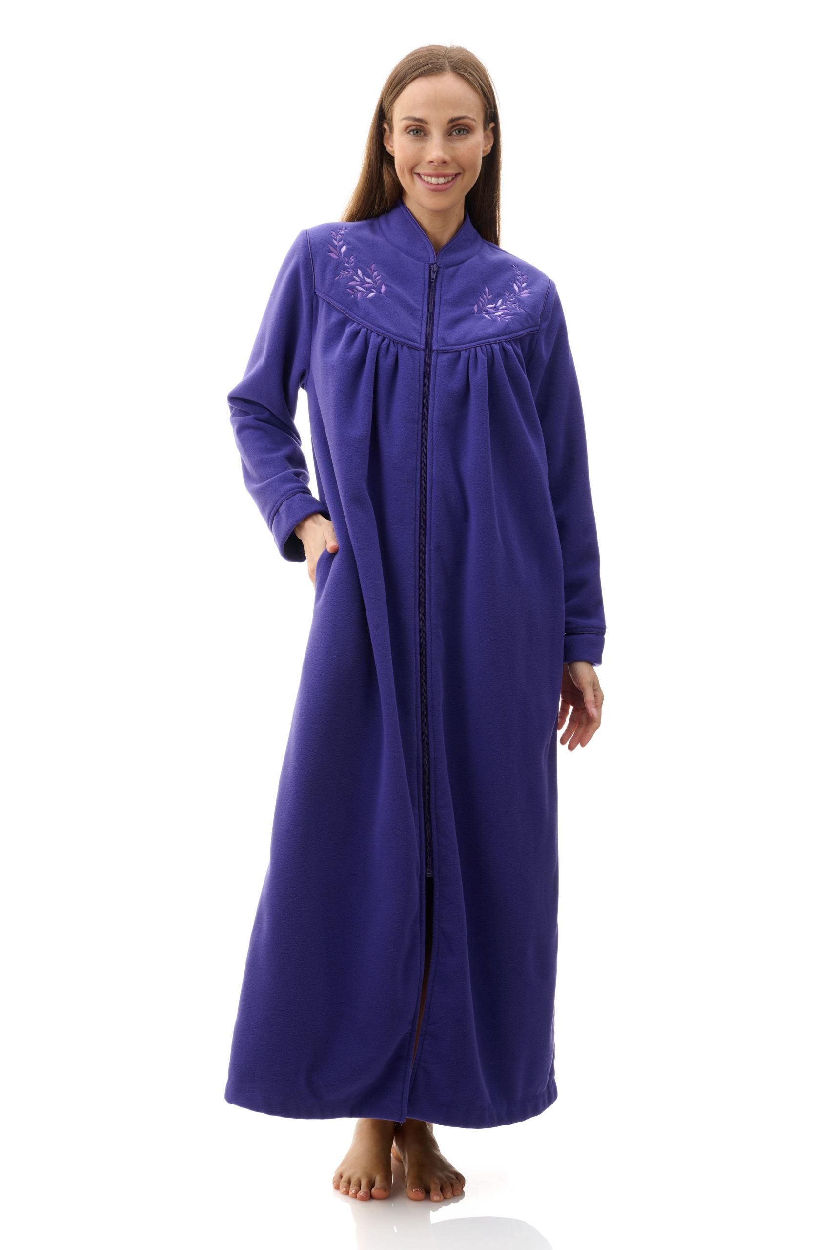 Givoni: High Pile Mid Length Gown with ZIP Front. Embroidered Yoke ...